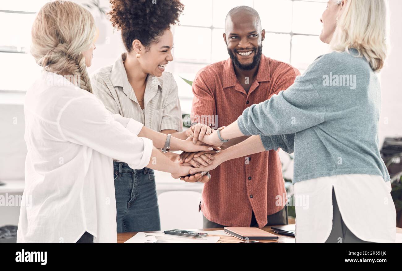 Teamwork, hand huddle and happy business people with strategy, support and collaboration at ...