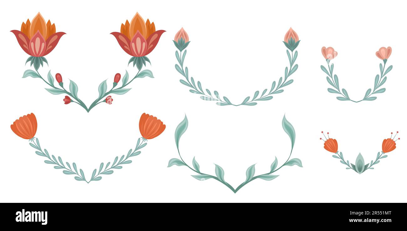 Vector set of folk art floral frames. Collection of wreaths of flowers ...
