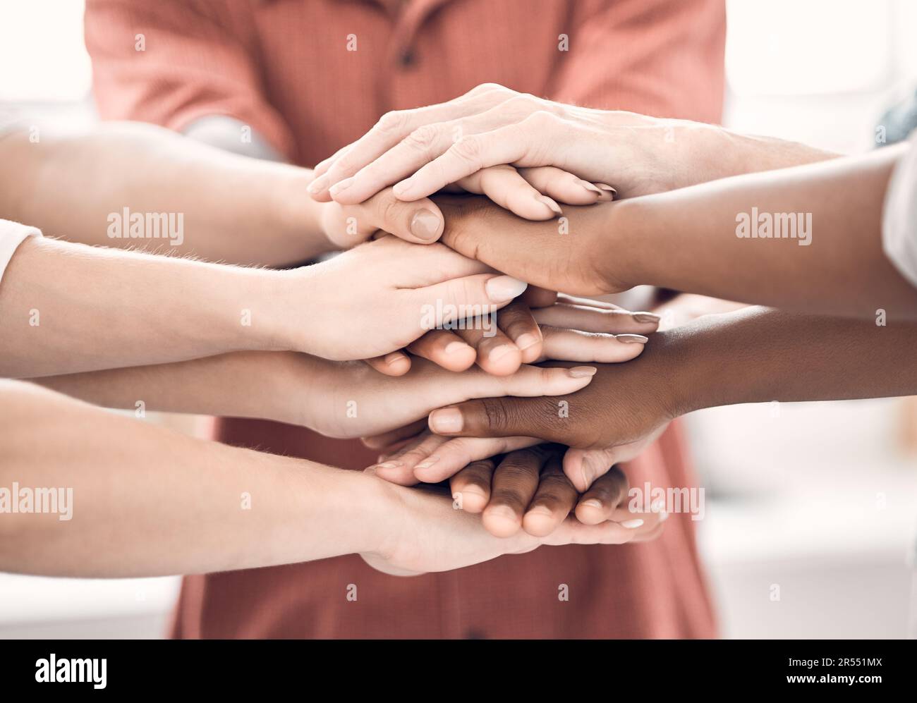 Teamwork, stack and hands of business people together for support ...