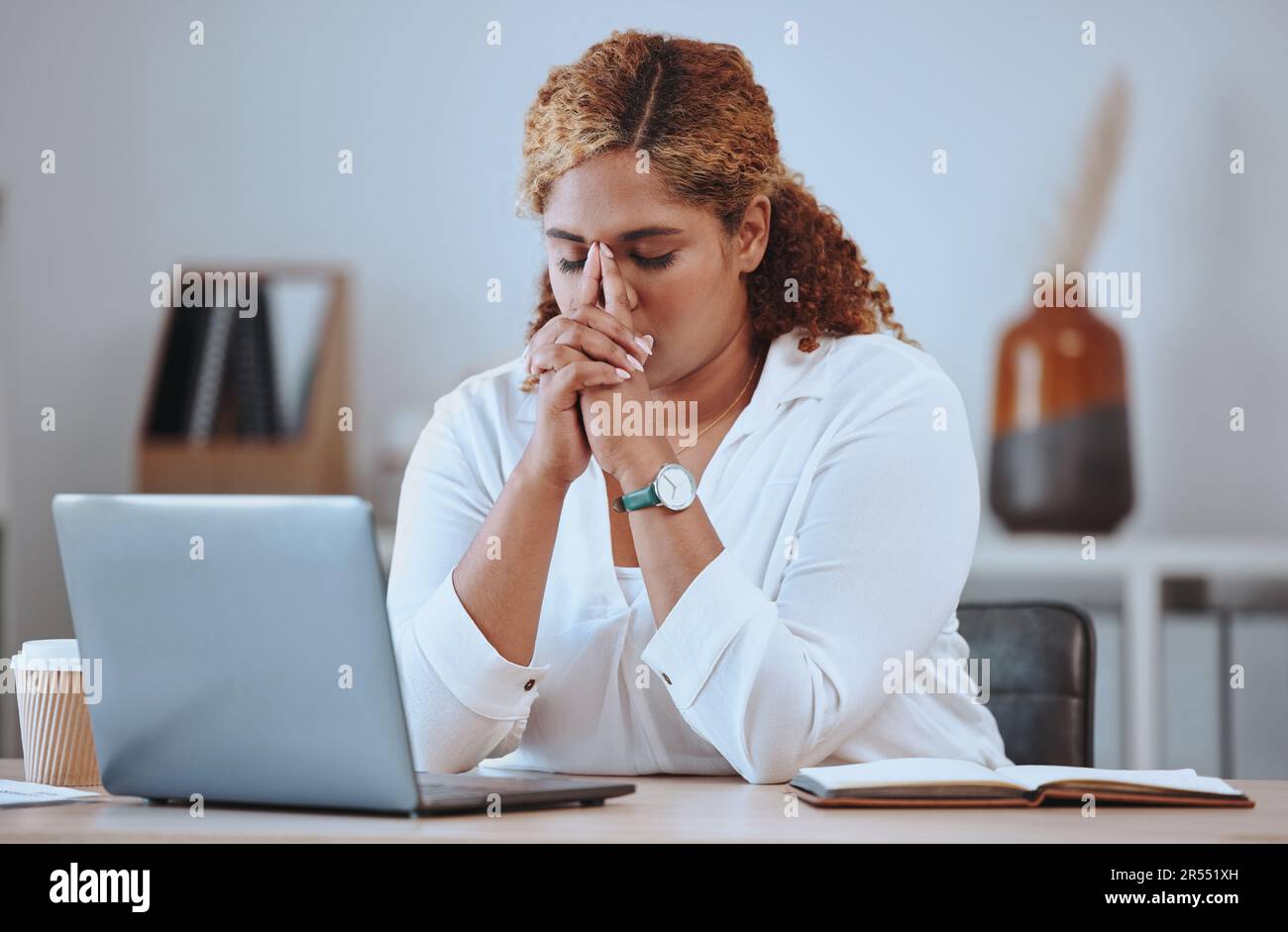 Stress, error and woman laptop fail, headache and sad in a company ...