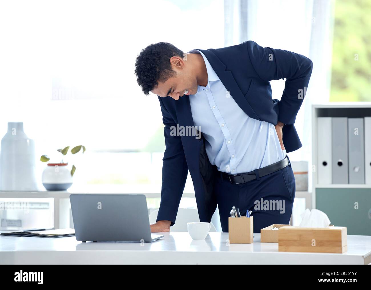 Business, stress and man with back pain, health issue and consultant ...