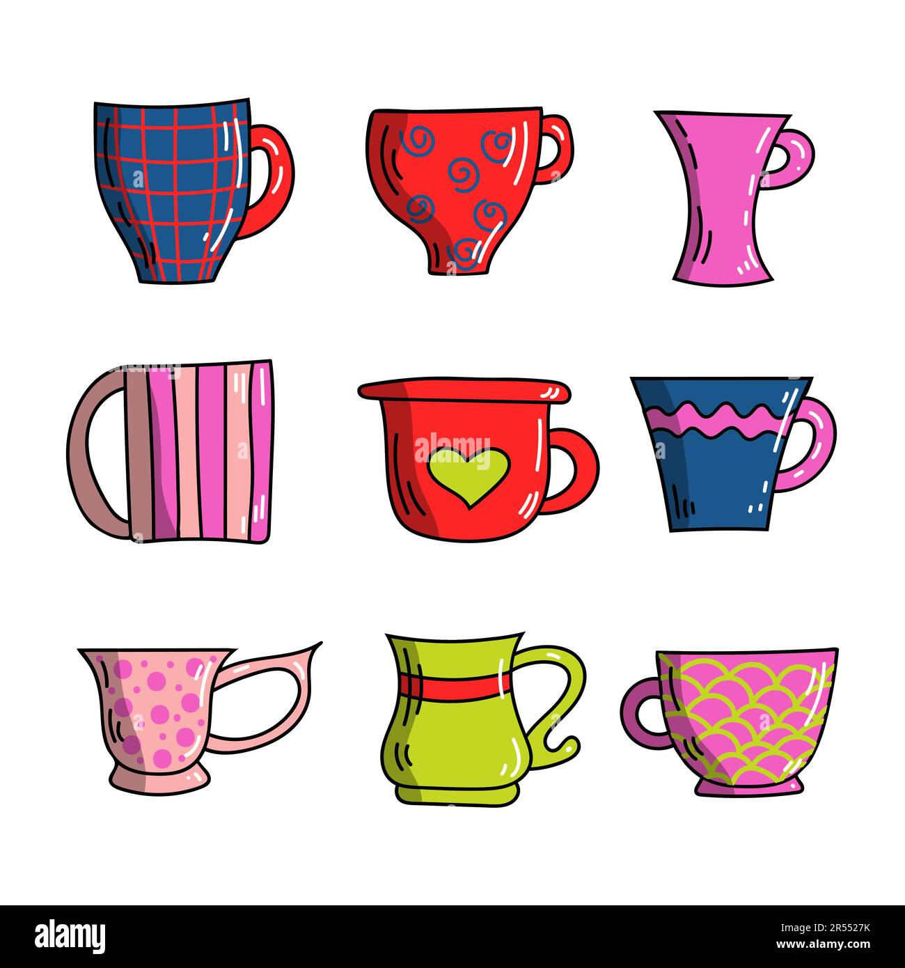 Vector bright colorful doodle style set of mugs with different ...