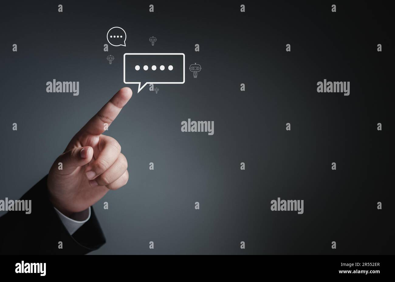 Businessman hand pointing at chat icon on digital web communication ...