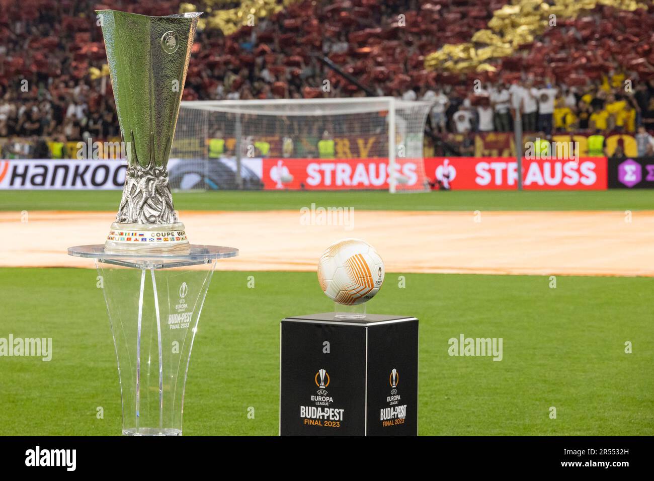 Budapest, Hungary. 31st May, 2023. The trophy and official ball are ...