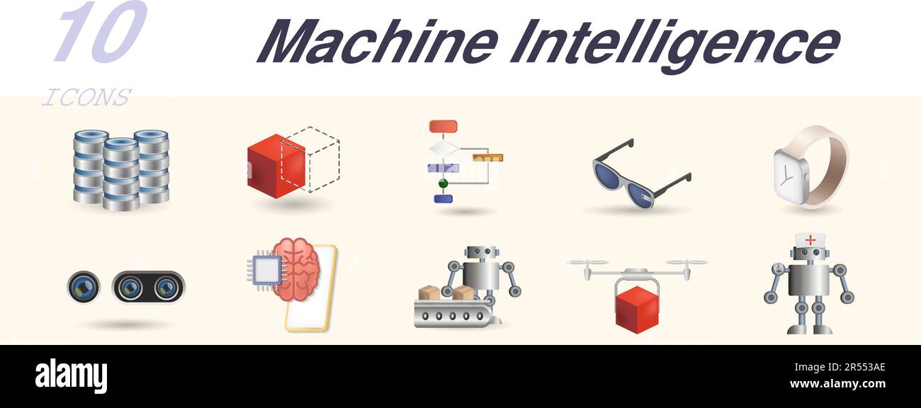 Machine intelligence icons set. Creative elements: big data, pattern, algorithm, smart glasses ...