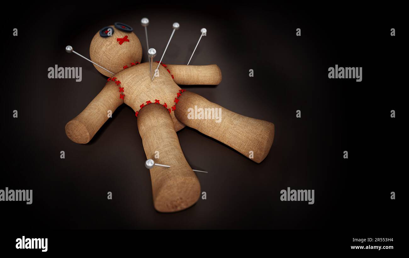 Voodoo doll with needles isolated on black background. 3D illustration ...