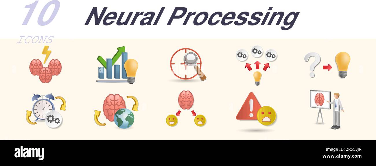 Neural processing set. Creative icons: brainstorming, solutions, focus ...