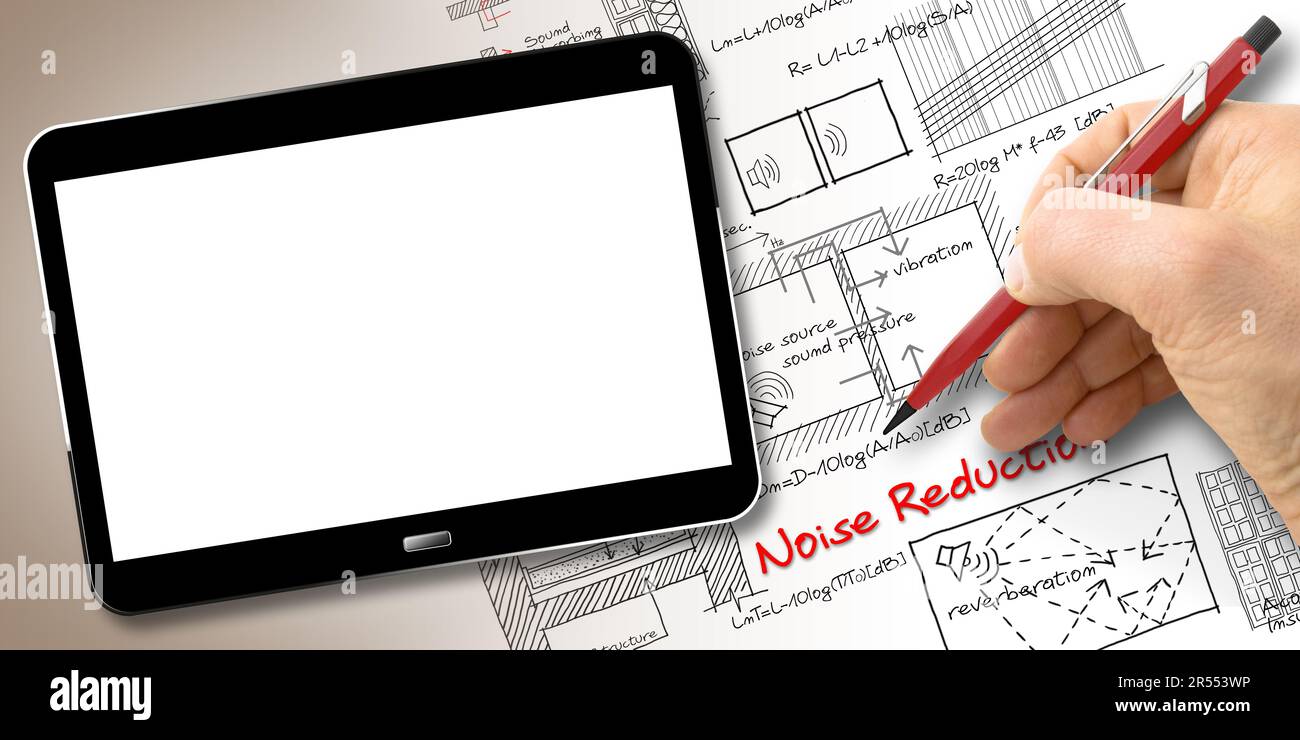 Formulas about noise reduction in buildings - concept image with 3D ...