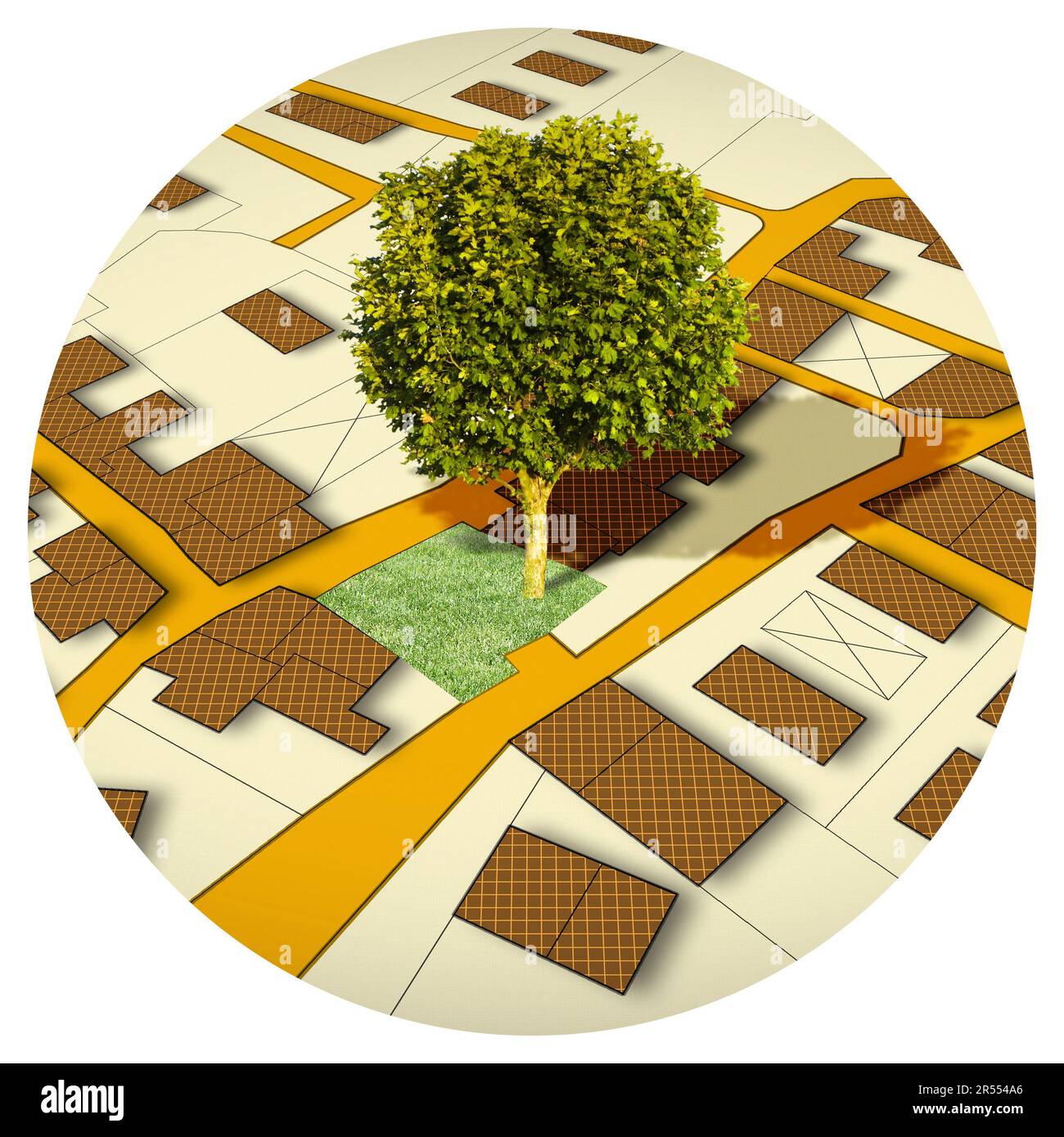 Cadastral map with a tree on a green area - Round icon concept image ...