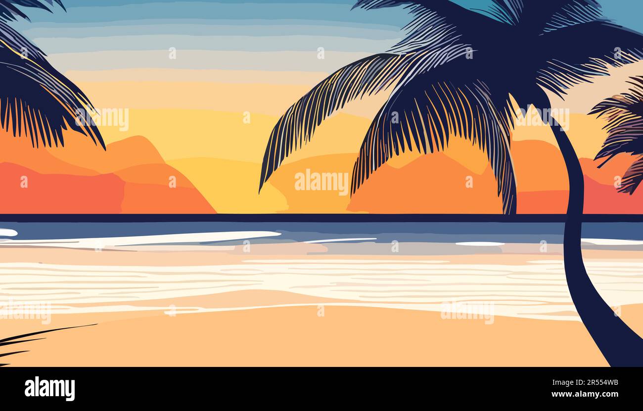 Tropical beach with palm trees and sea vector art Stock Vector Image ...
