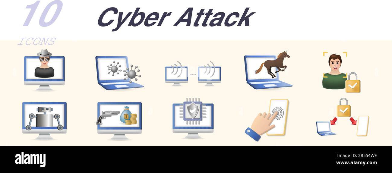 Cyber attack icons set. Creative elements: hacker, virus, remote access ...