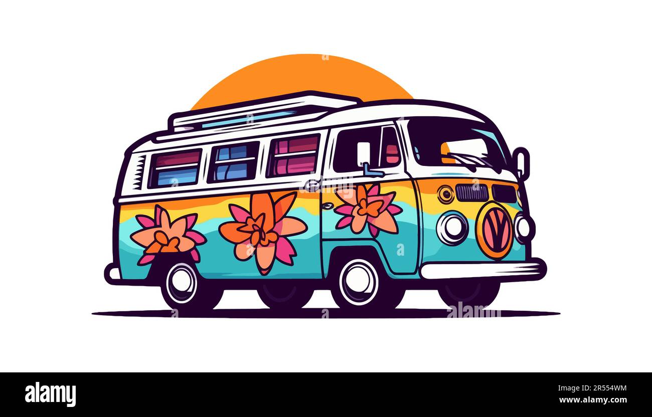 Hippie van icon. Bus emblem on white background. Vector illustration ...