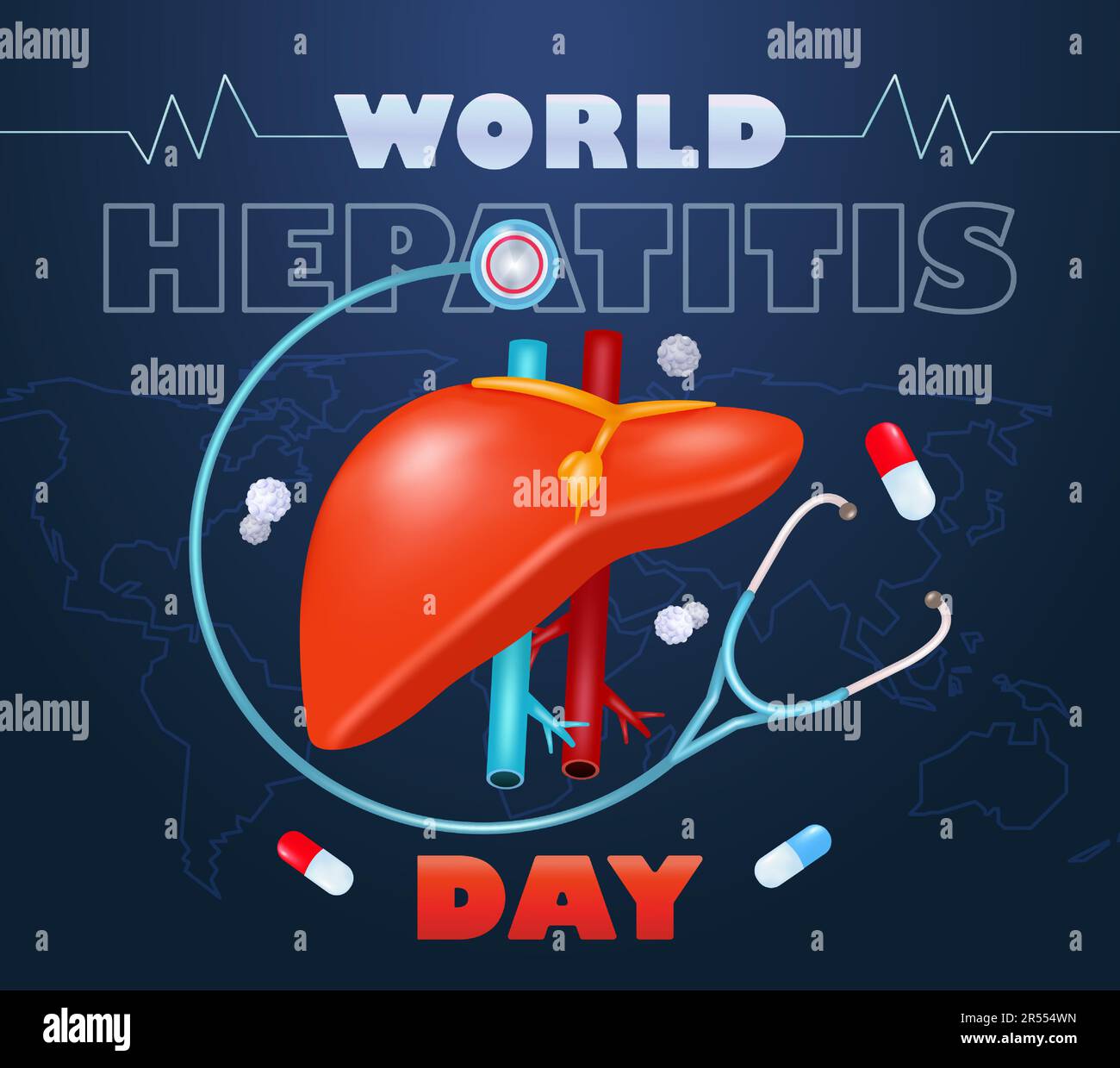 World Hepatitis Day. 3d vector illustration of heart, virus and ...