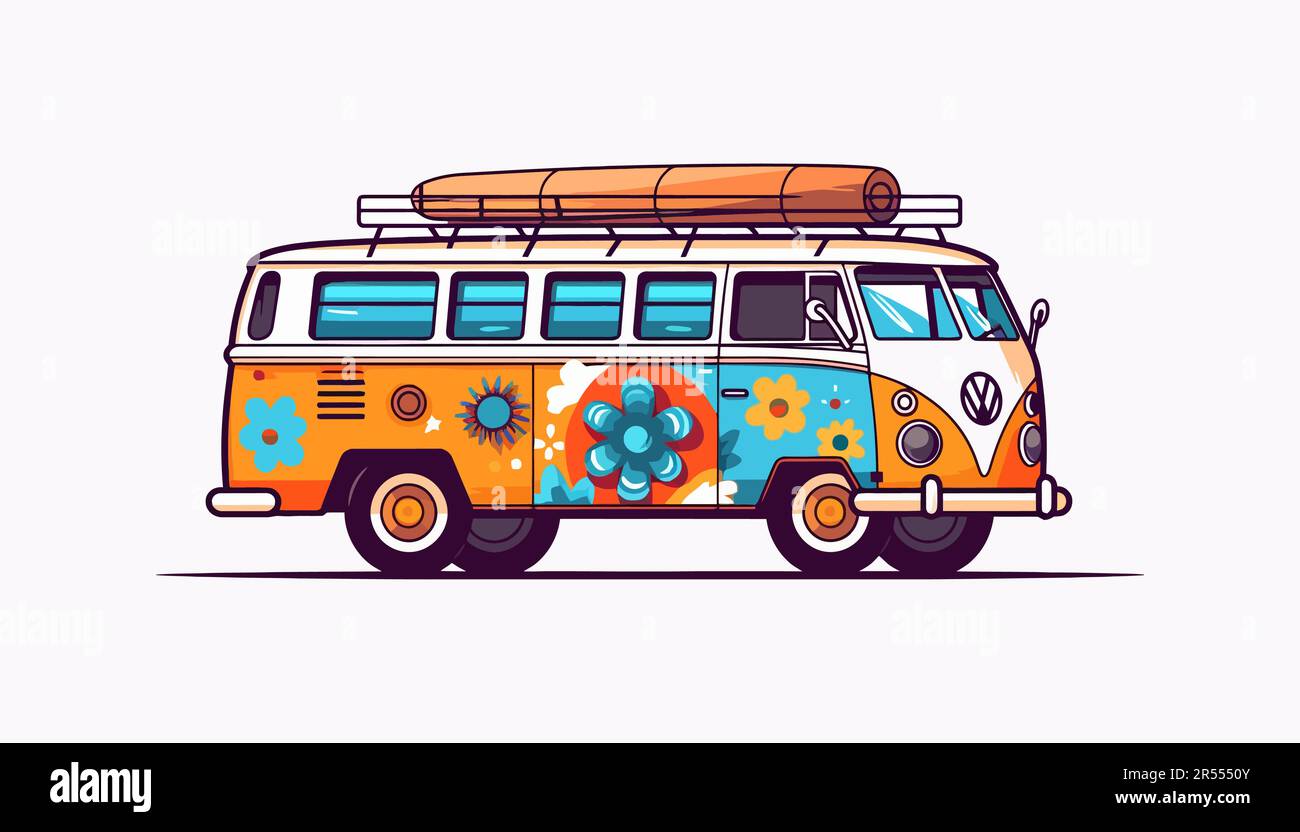 Hippie van icon. Bus emblem on white background. Vector illustration ...