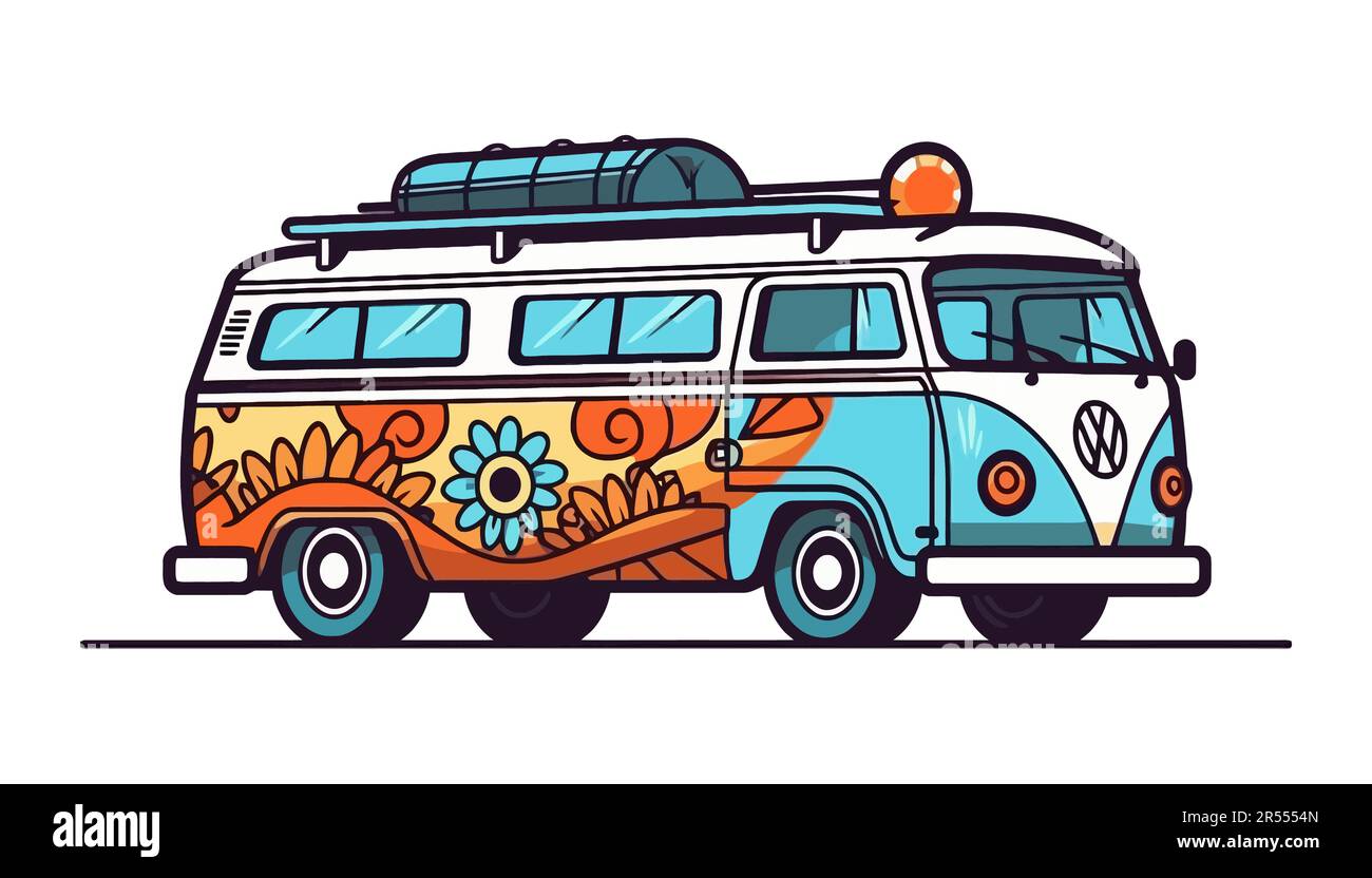 Hippie van icon. Bus emblem on white background. Vector illustration ...