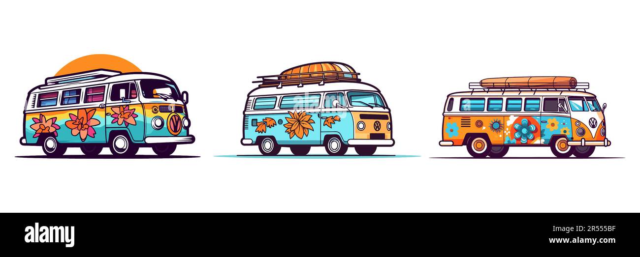 Set Hippie van icon. Bus emblem on white background. Vector ...