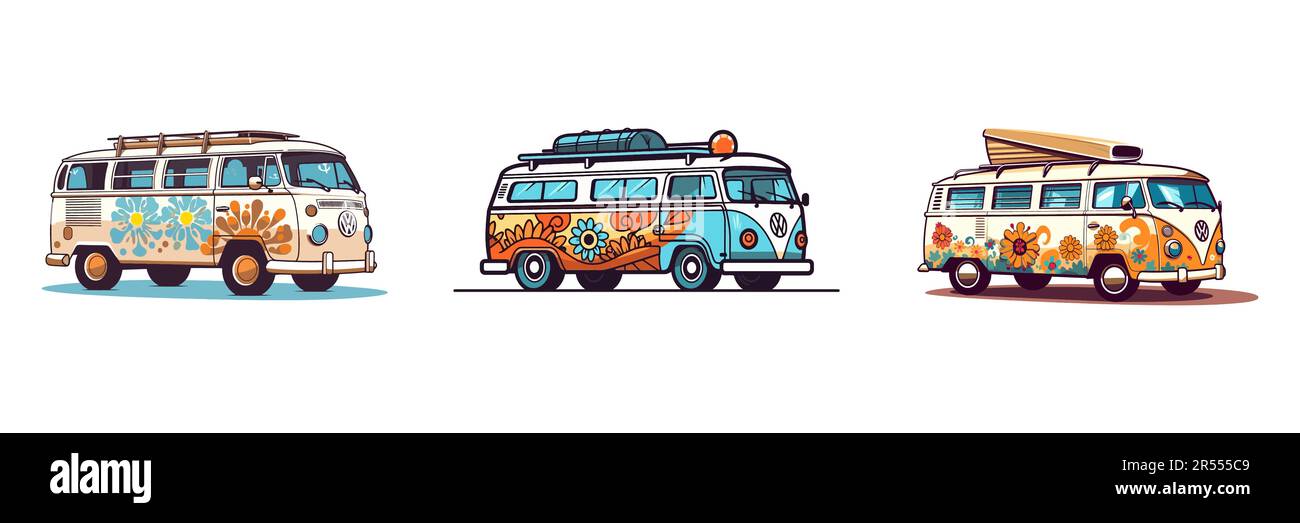 Set Hippie van icon. Bus emblem on white background. Vector ...