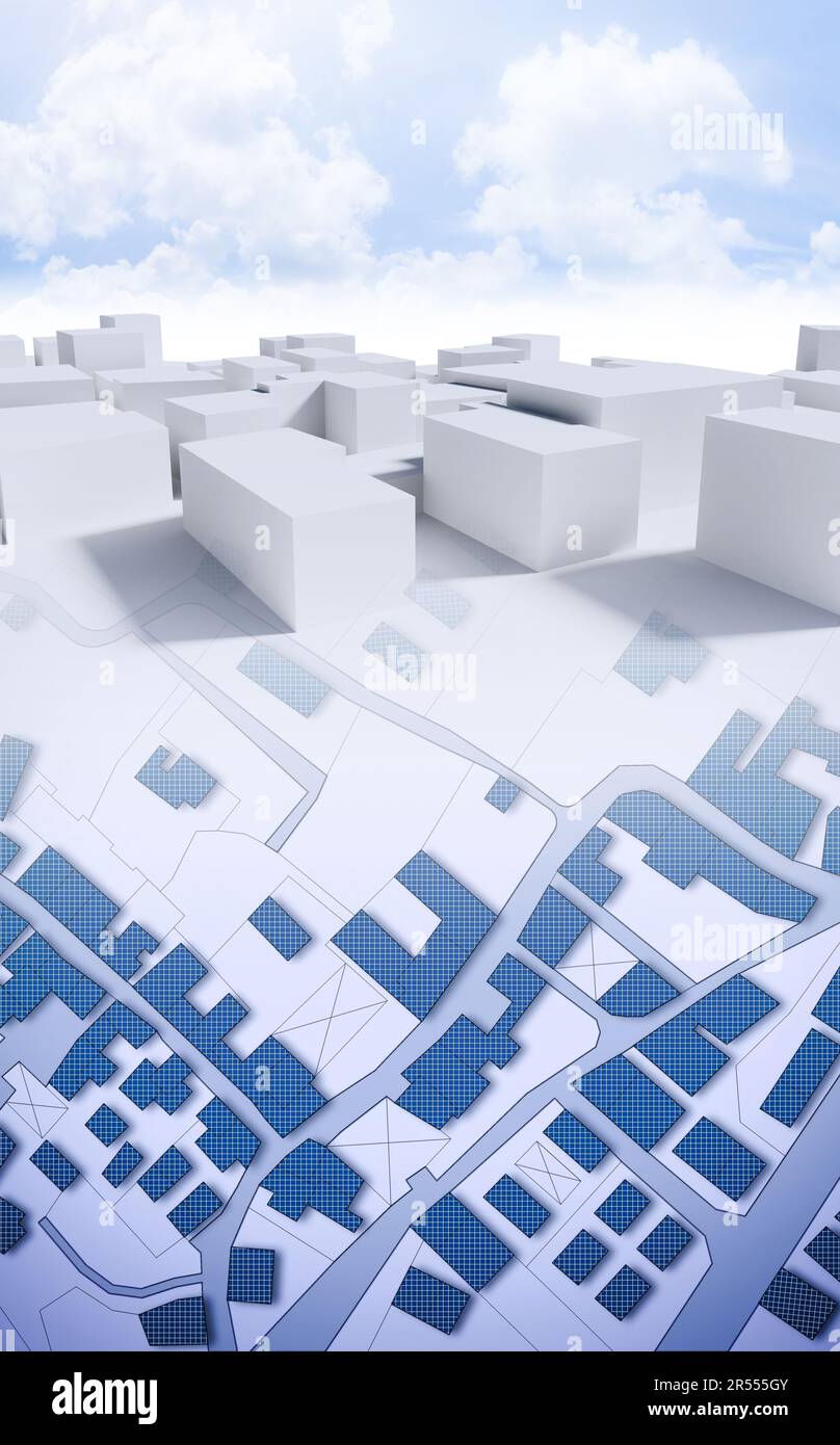 Cityscape and residential building over an imaginary city map of ...