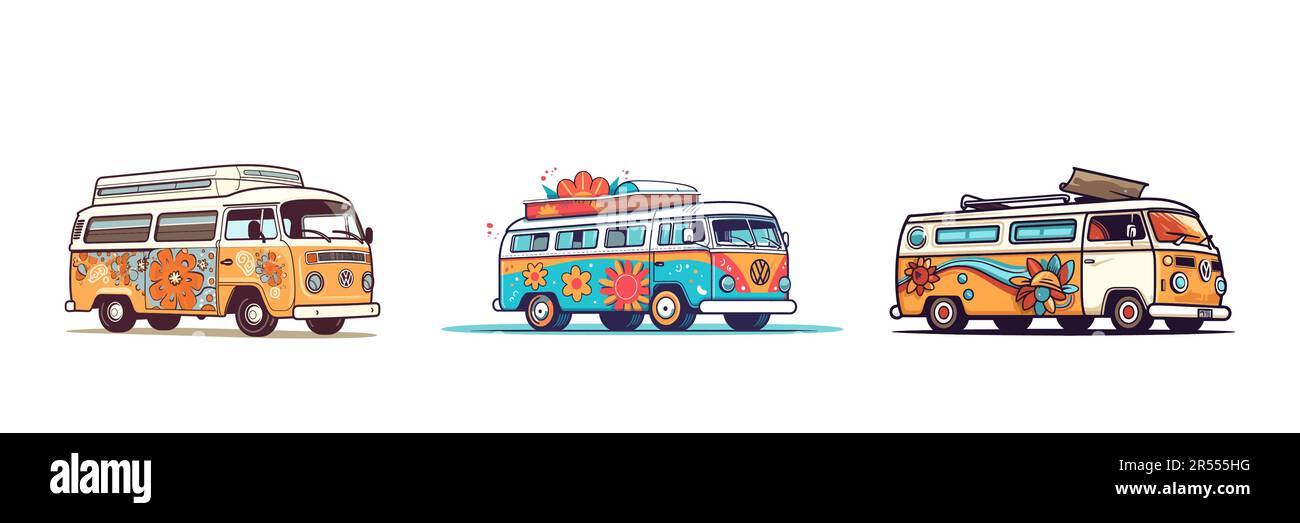 Set Hippie van icon. Bus emblem on white background. Vector ...