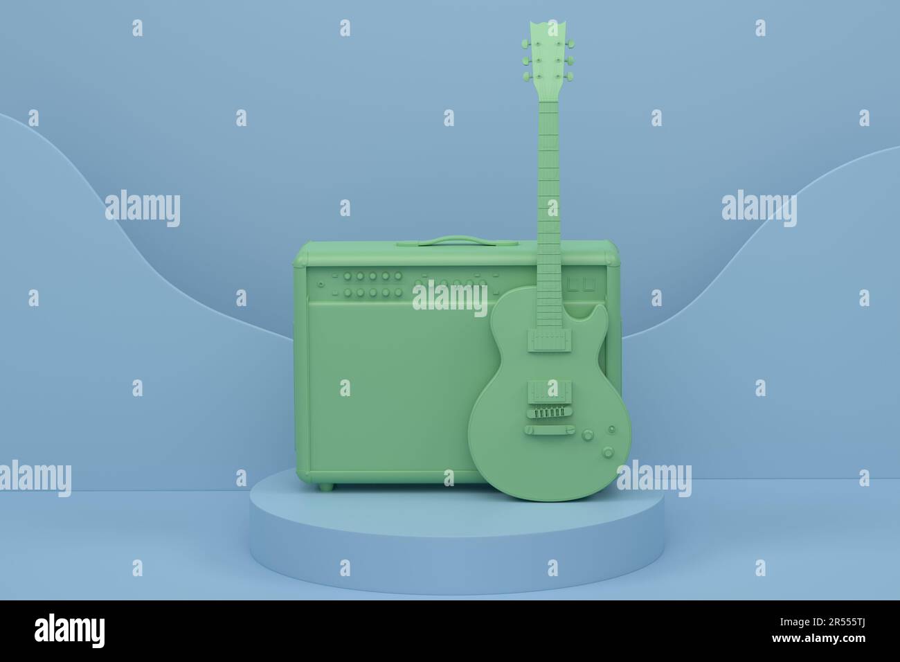 Amplifier with acoustic guitar on cylinder podium with steps on ...