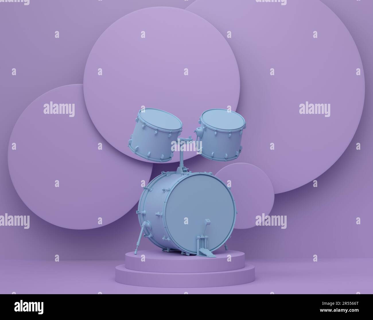 Drums with metal cymbals or drumset on cylinder podium with steps on ...