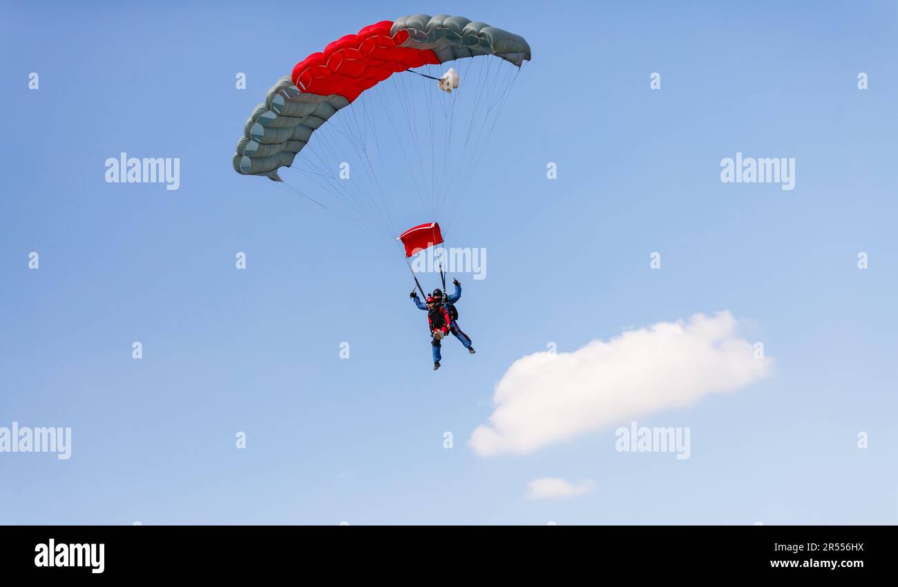 Skydiver with a little canopy of a parachute on the background a blue ...