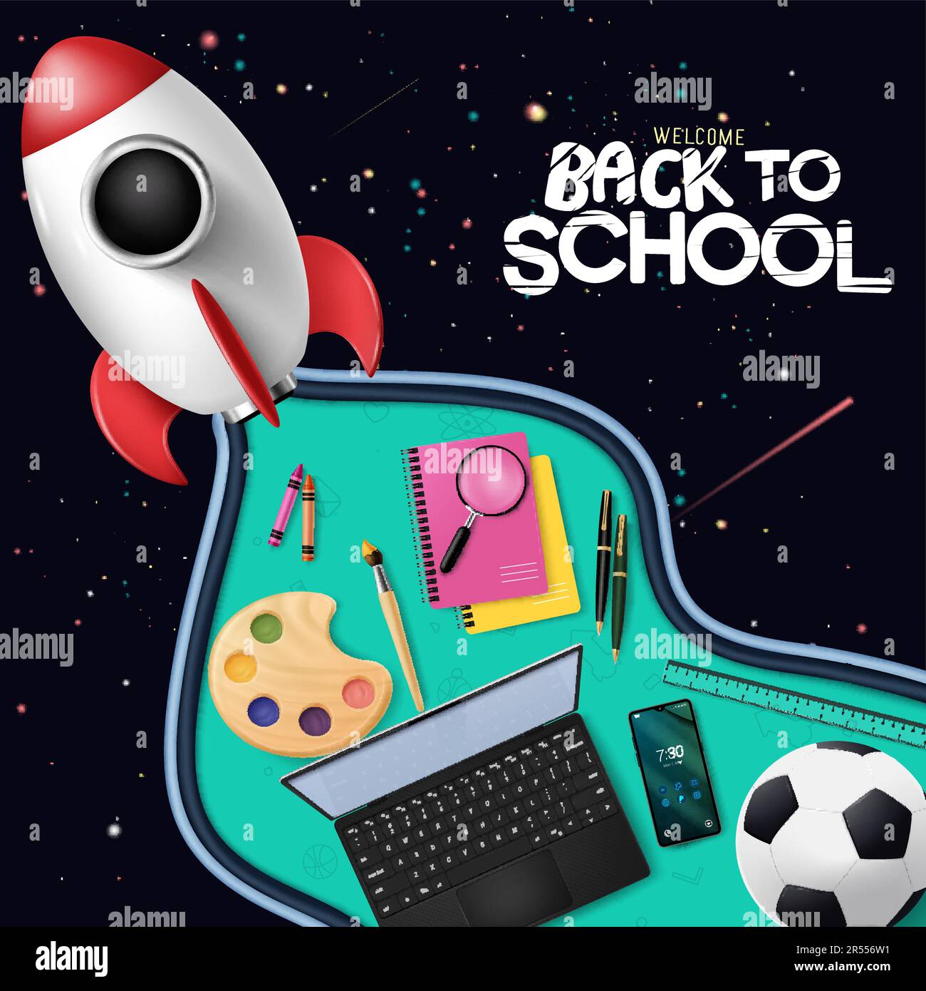 Back to school text vector design. School greeting with rocket ship ...