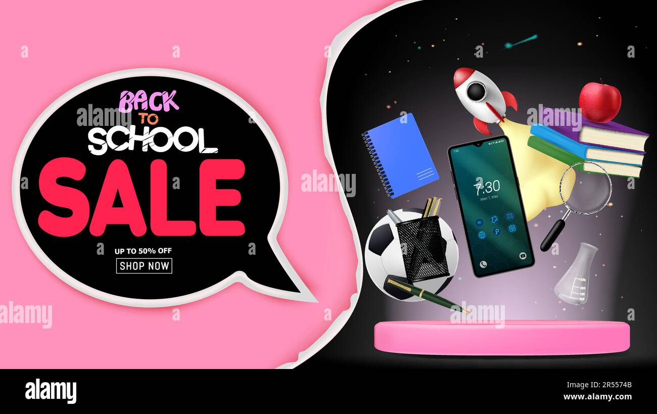 Back to school sale vector banner design. School sale text offer 50% ...