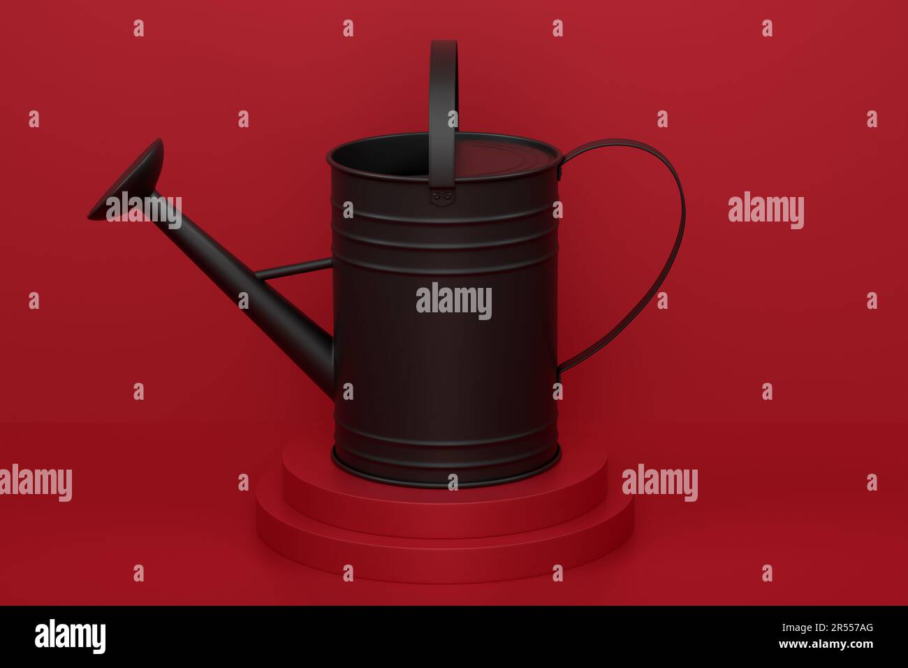 Watering can on cylinder podium with steps on monochrome background. 3d ...