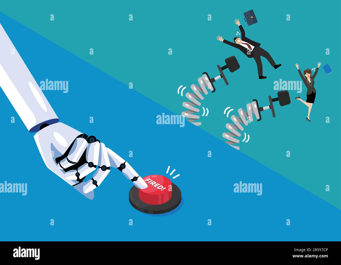 Robot hand pushing fired button to layoff human employees. Digital ...