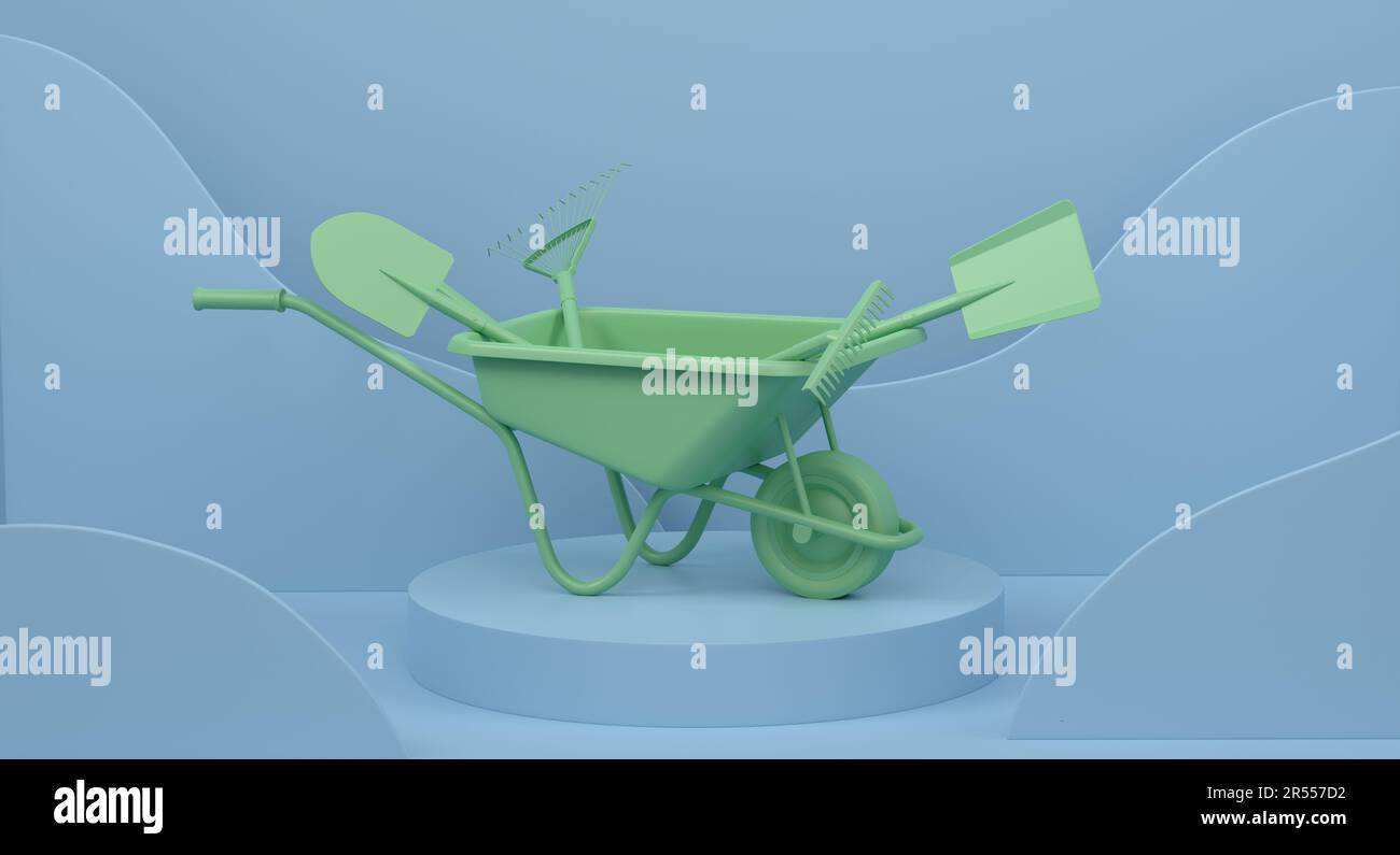 Garden wheelbarrow with garden tools on cylinder podium with steps on ...