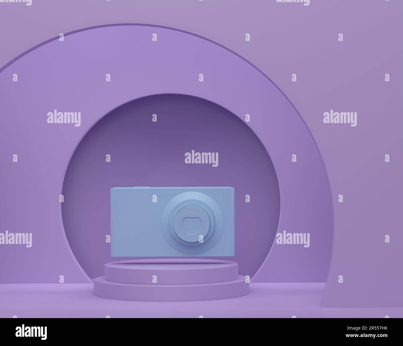 Compact pocket digital camera on cylinder podium with steps on ...