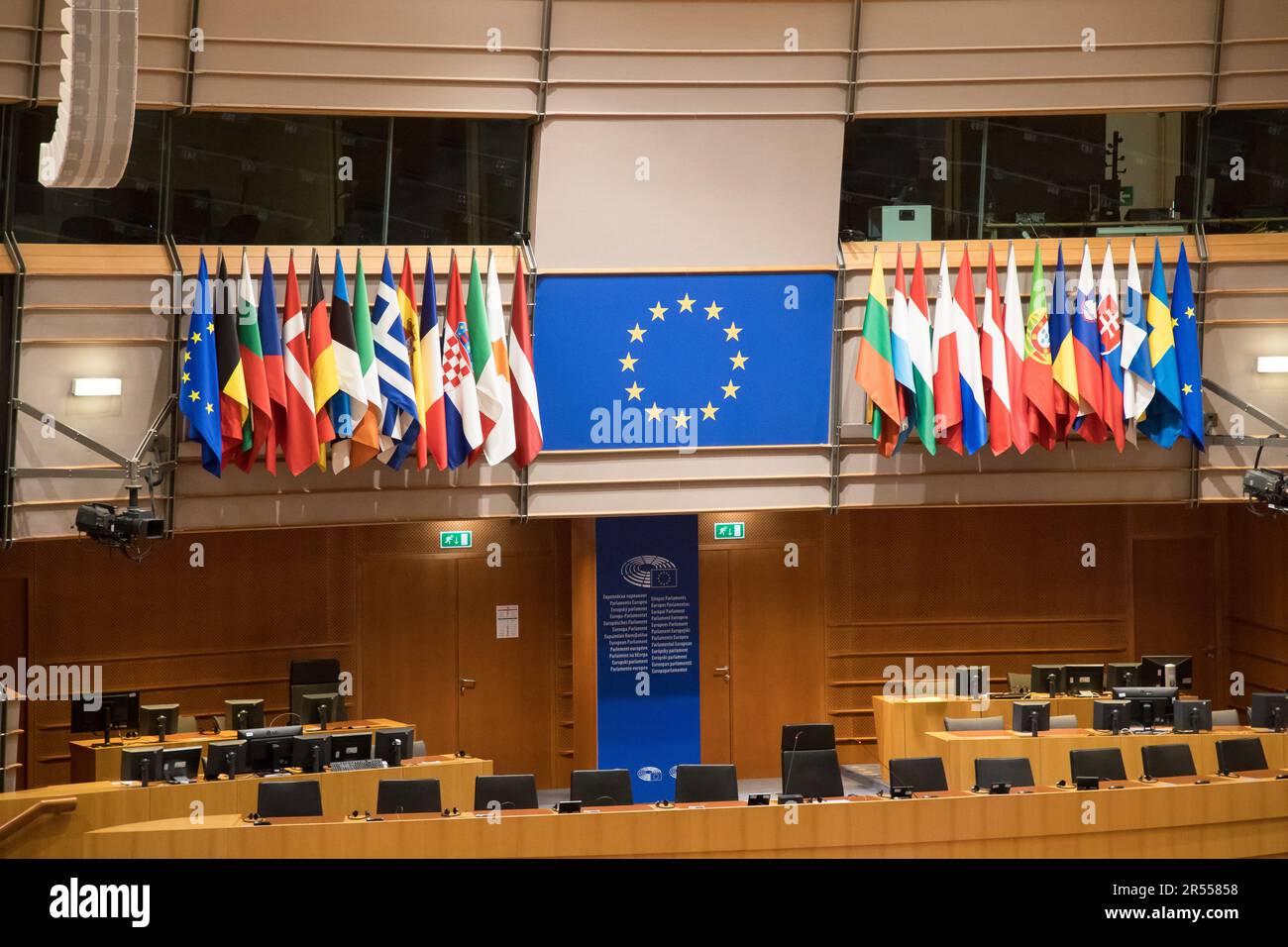 The hemicycle of the European Parliament in Paul-Henri Spaak building ...