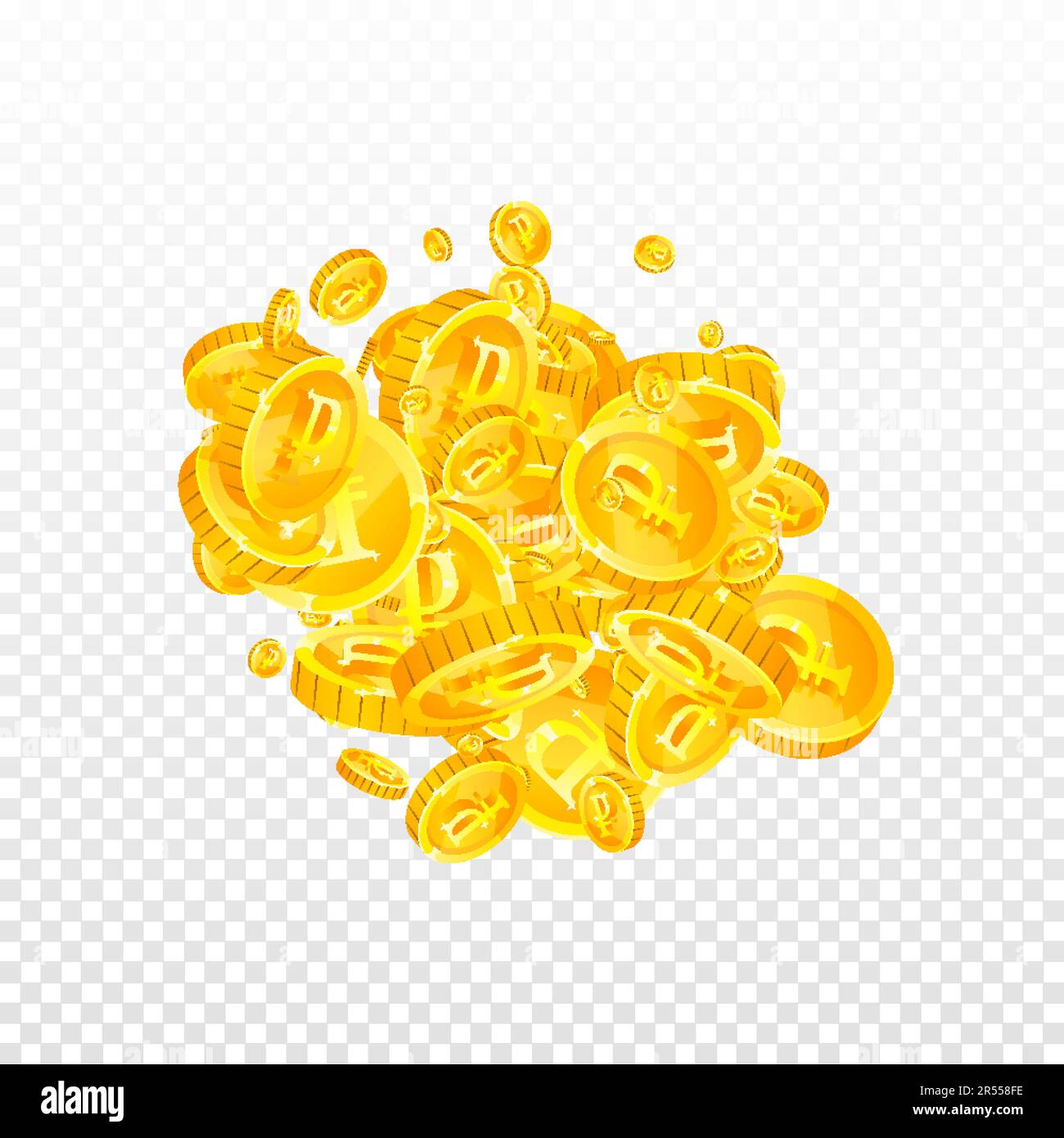 Russian ruble coins falling. Scattered gold RUB coins. Russia money ...