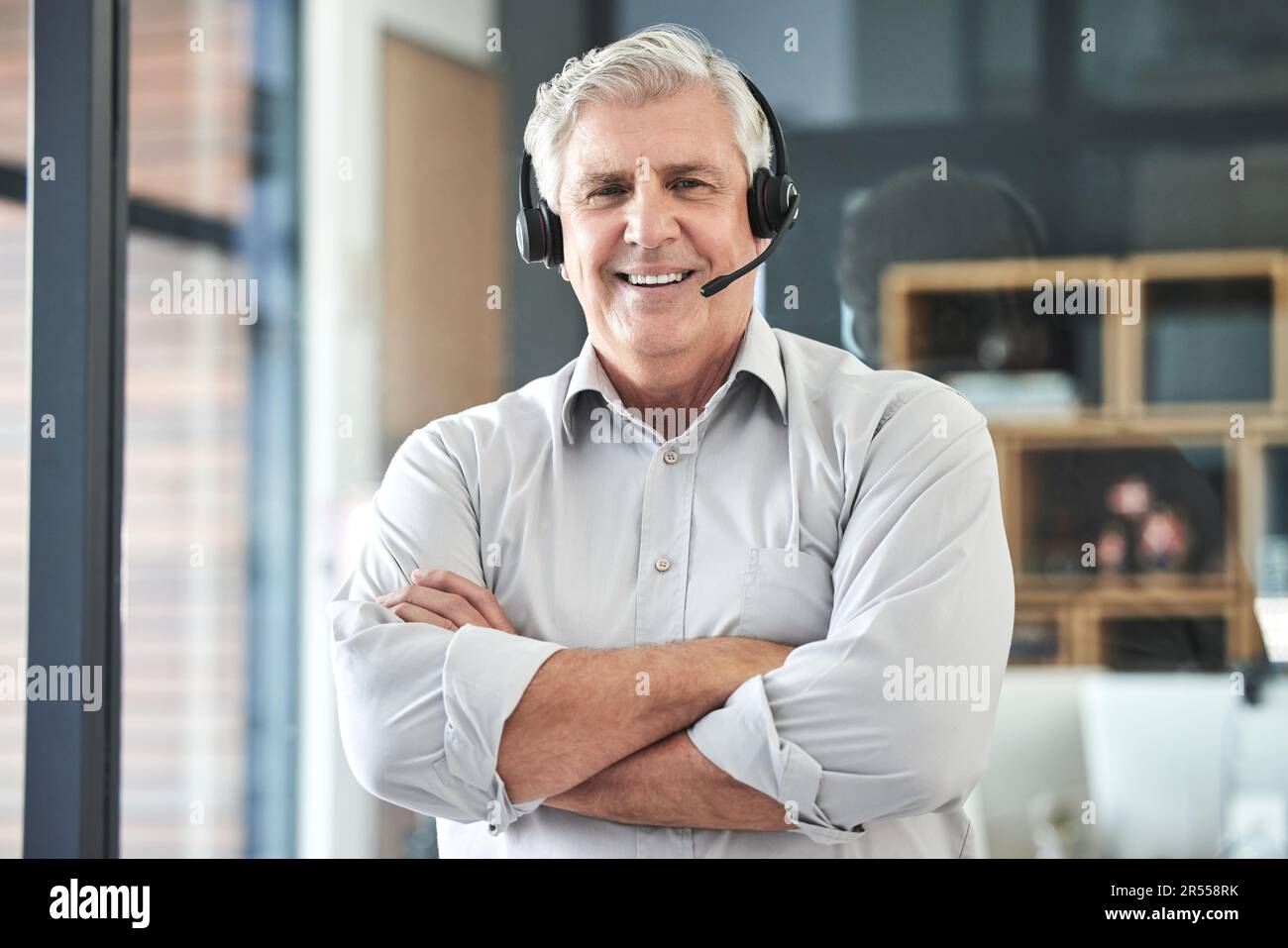 Call center, customer service and portrait of old man with crossed arms ...