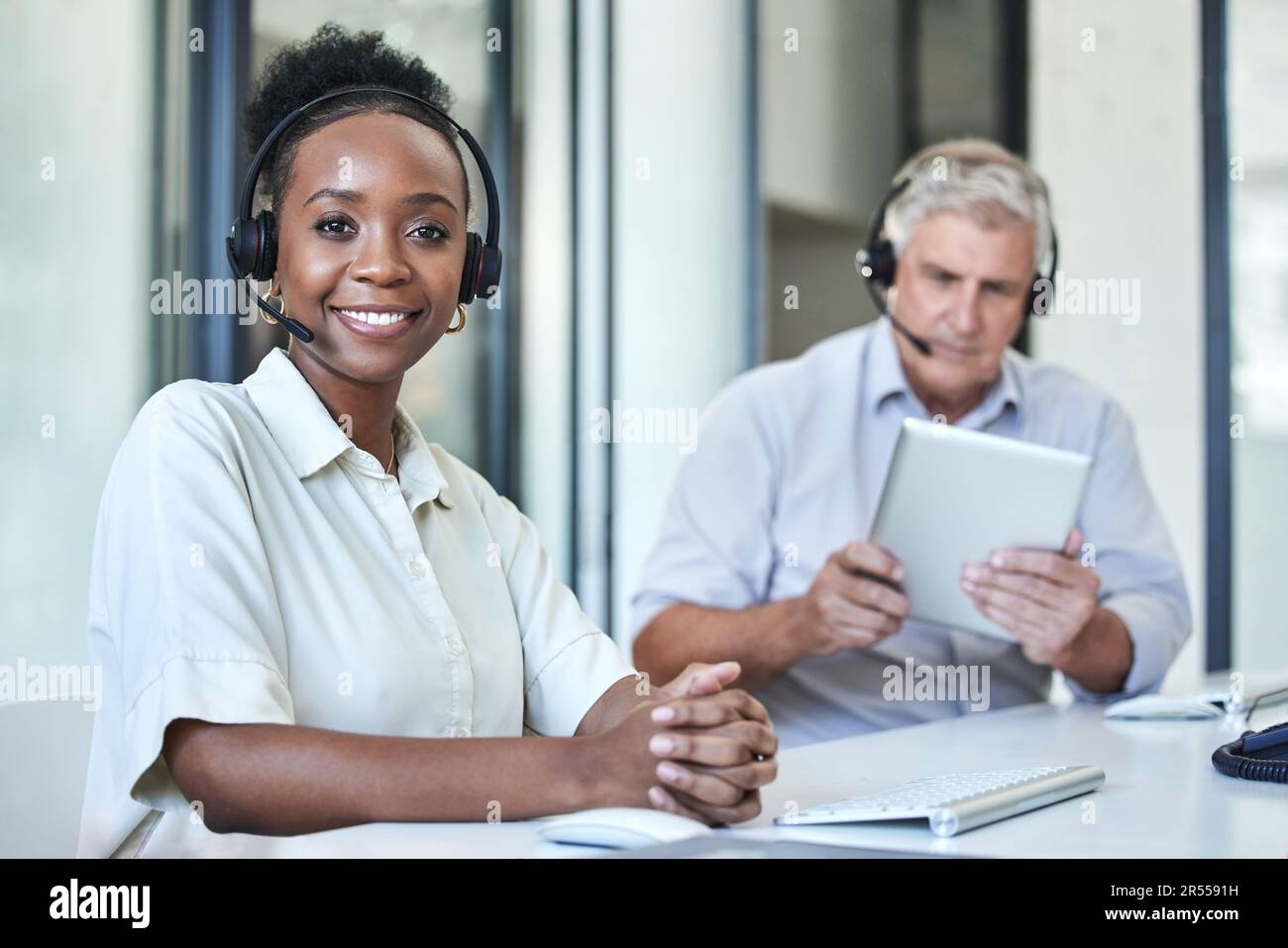 Black woman, portrait and call center work of a employee with ...
