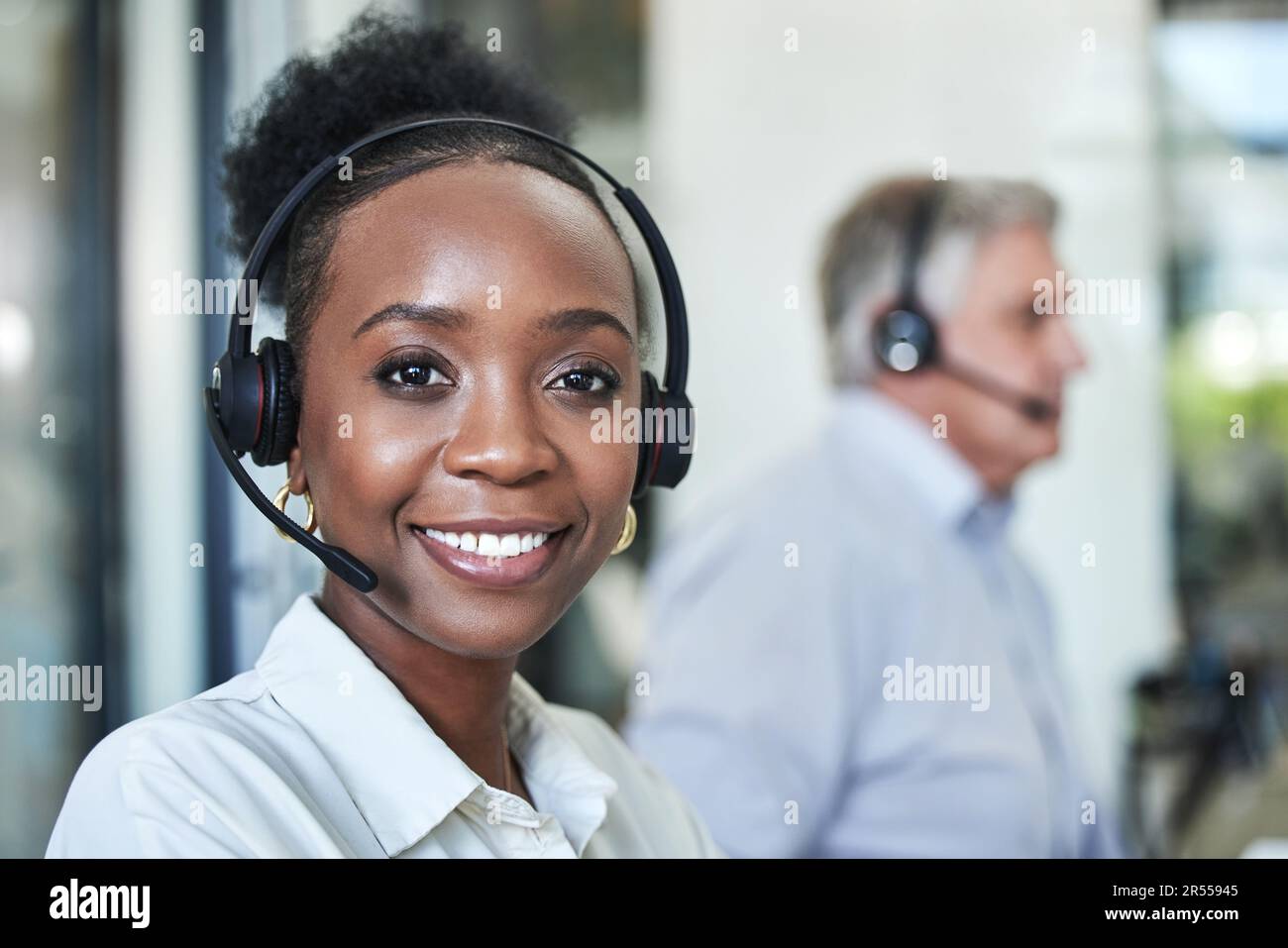 Black woman, face and call center work of a employee with telemarketing ...