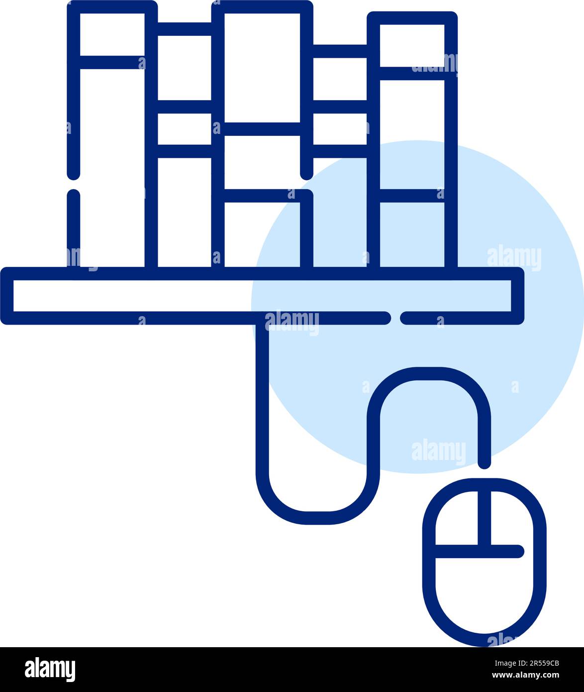 Bookshelf with computer mouse connected. Electronic library and book ...