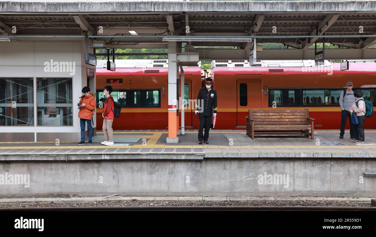 Kinugawa Onsen, Japan May 1 2023: unidentified staff stand on Tobu ...