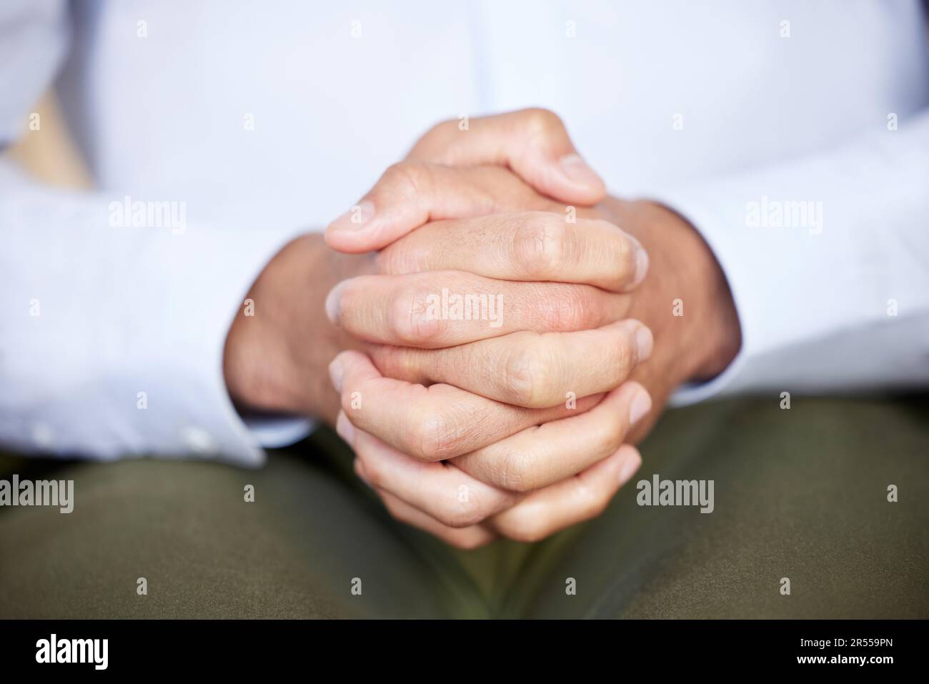 Closeup, hands or patient in therapy, anxiety or stress with mental ...