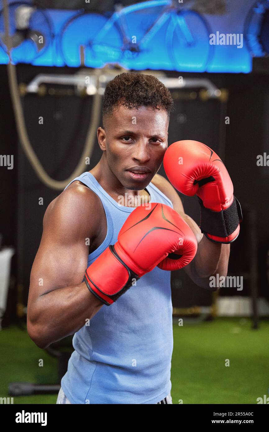 African-American athlete prepared for combat, wearing boxing gloves and ...
