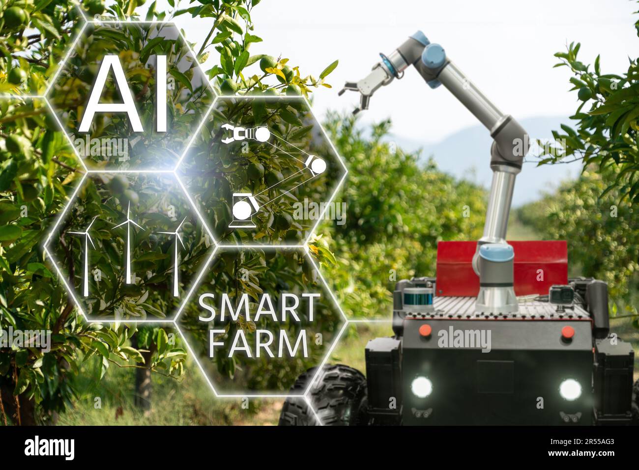 Autonomous robot harvester with robotic arm harvesting fruits on a ...