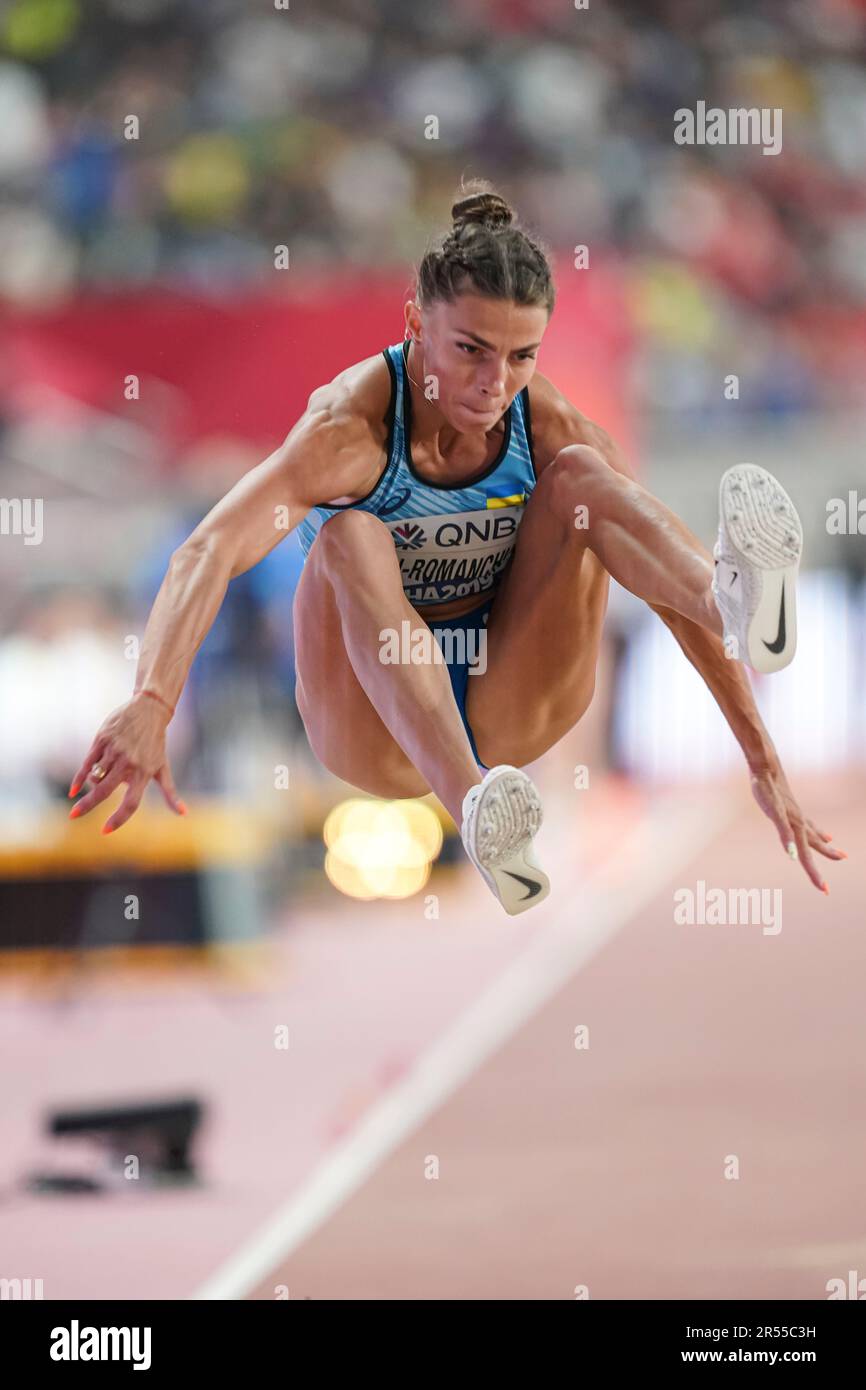 Maryna Bekh-Romanchuk in the long jump at the Doha 2019 World Athletics ...