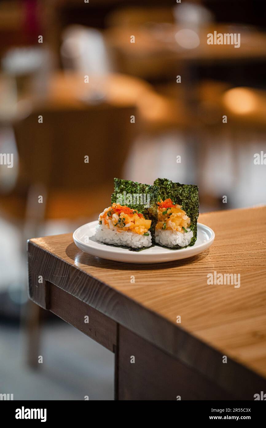 Japanese hand rolls with shrimp and caviar Stock Photo - Alamy