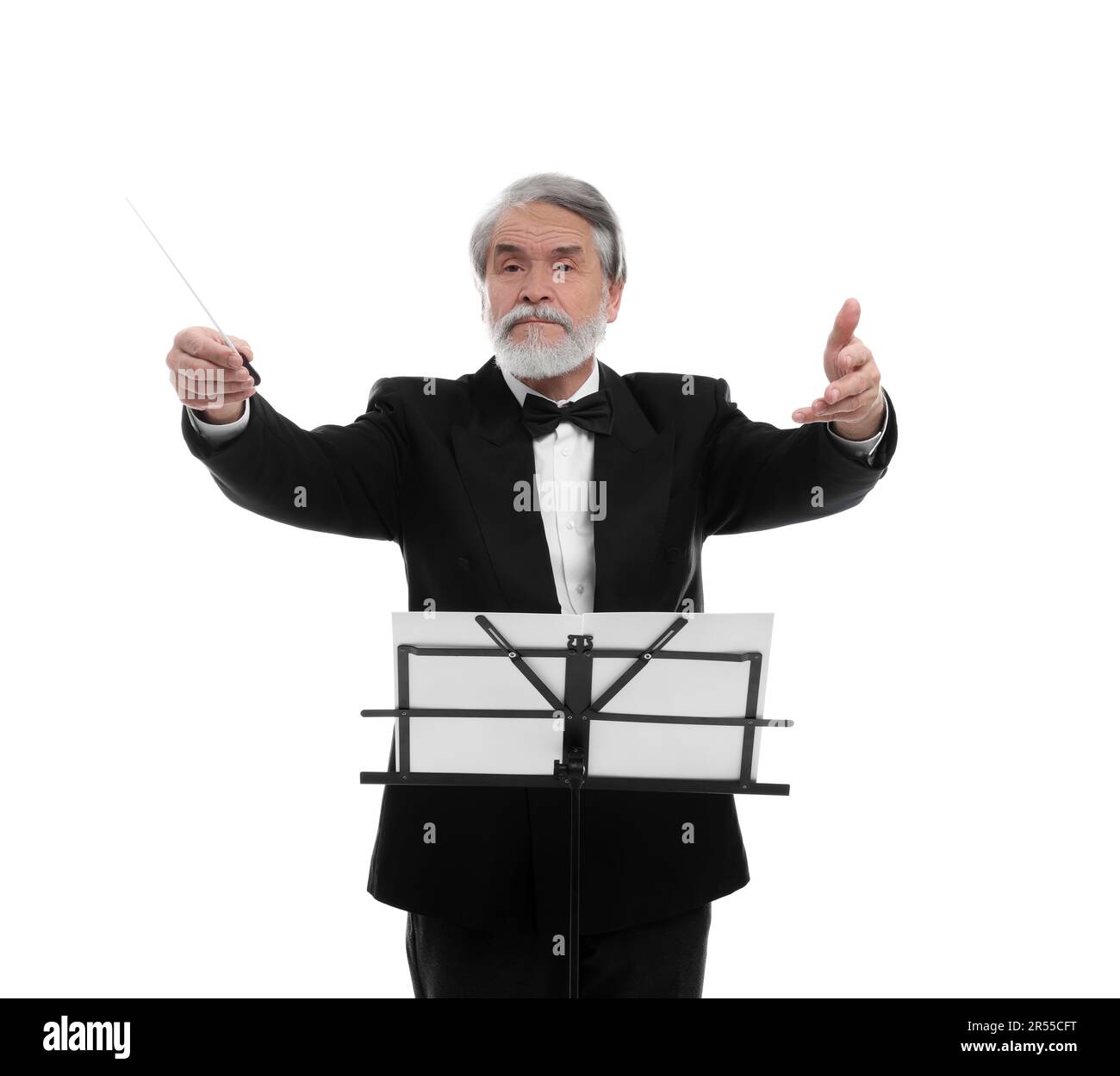 Professional conductor with baton and note stand on white background ...