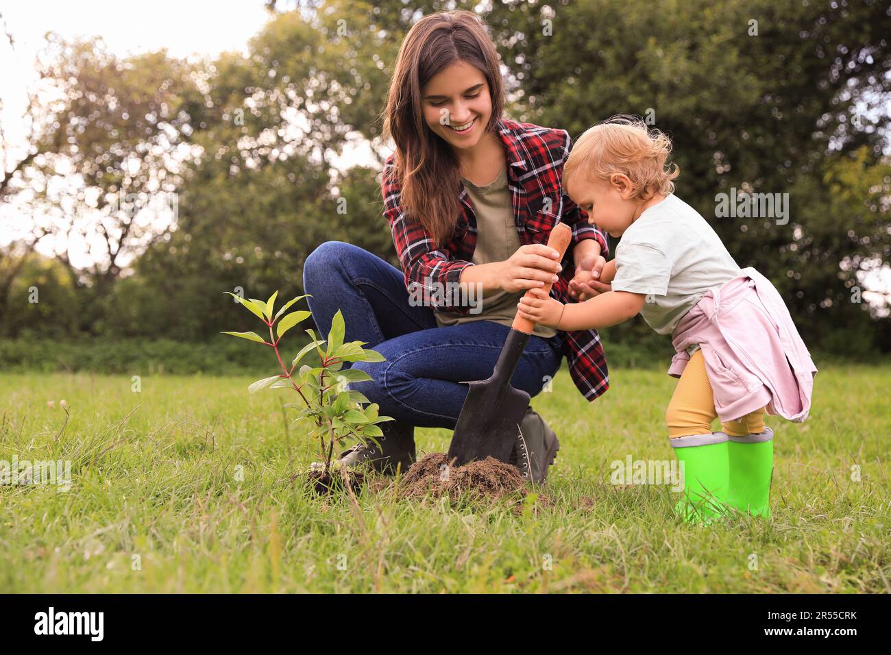 Mother and her baby daughter planting tree together in garden Stock ...
