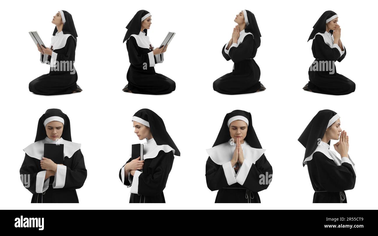 Collage with photos of young nun praying on white background Stock ...