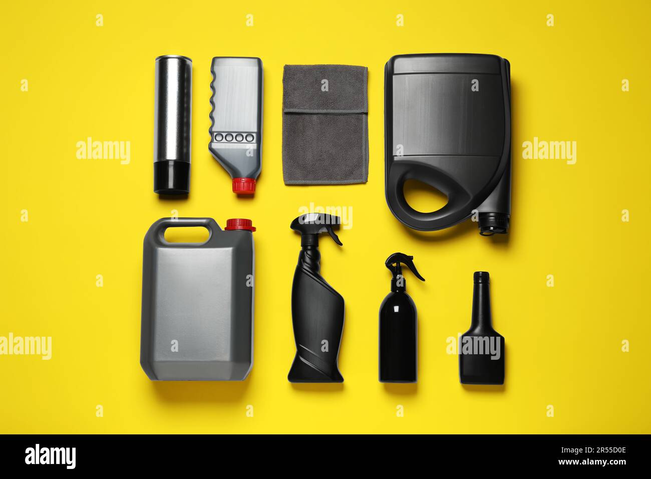 Different car products on yellow background, flat lay Stock Photo - Alamy