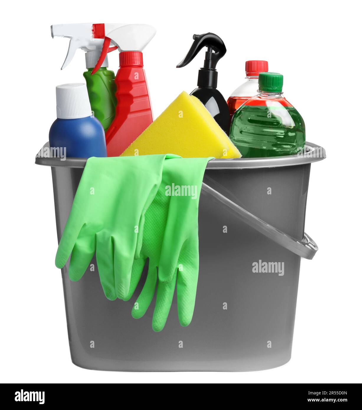 Grey bucket and many different car wash products on white background ...