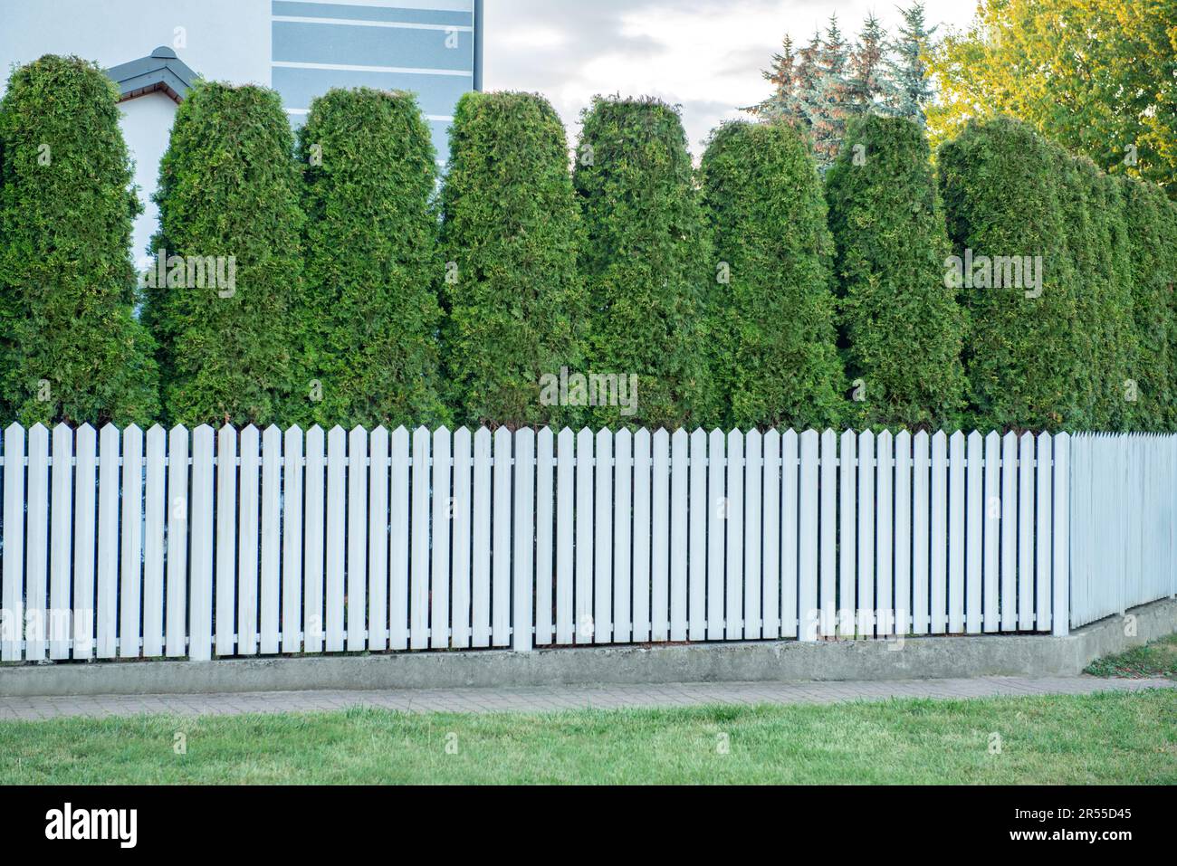 House and trees behind white wooden fence outdoors Stock Photo - Alamy